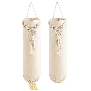 Mkono 2 Pack Small Plastic Bag Holder with Macrame Decor Boho Grocery Trash Bag Storage Dispenser Hanging Bags Organizer for Kitchen Bathroom Bedroom Living Room Office, Ivory, 6.3”W x 15.7”L