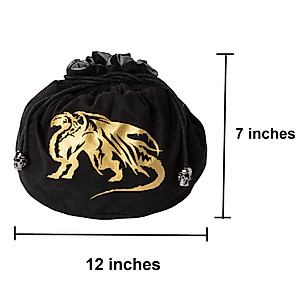 PUGED Large DND Dice Dragon Drawstring Bags with Pockets Black Storage Bag for RPG MTG Game Dices Capacity Over 300 Dice