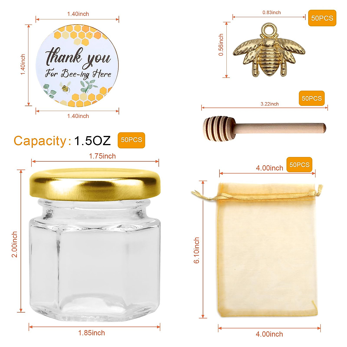 XING-RUIYANG 1.5 oz Glass Honey Jar- Small Hexagonal Honey Jars with Wooden Dipper Gold Lid Bee Charms Gold Gift Bags and Rope for Baby Shower Wedding Party Favors (50 PACK)