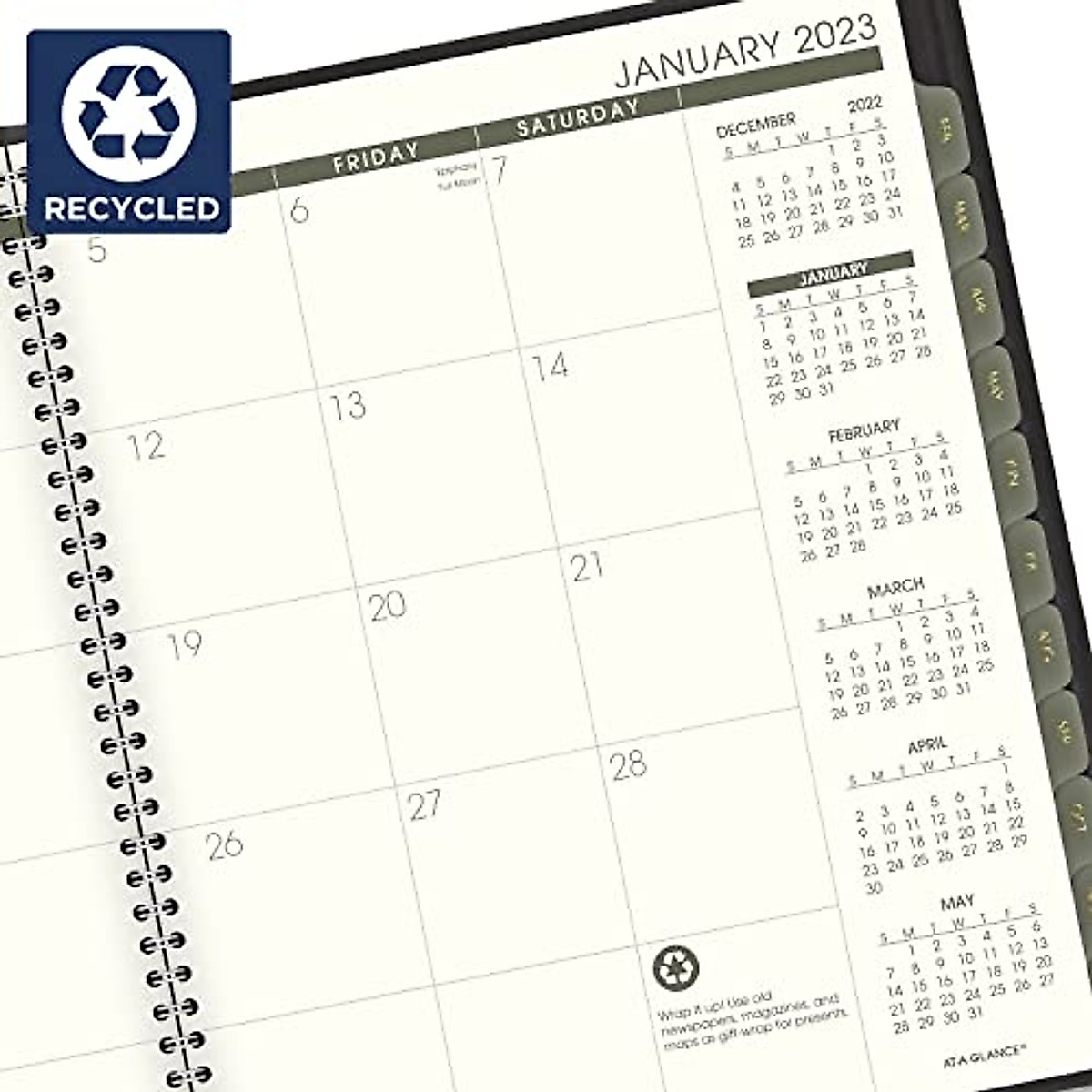 AT-A-GLANCE 2023 Monthly Planner, 9" x 11", Large, Recycled, Monthly Tabs, Black (70260G05)