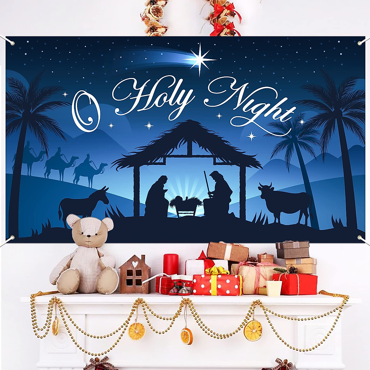 WATINC Christmas Nativity O Holy Night Backdrop XtraLarge Xmas Birth of Jesus Winter Holiday Religious Christian Party Wall Decorations Supplies Photo Props Booth for Home Church Outdoor 78 x 45 Inch