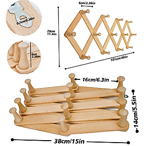 wekiweyi Expandable Accordion Wall Rack – 13 Hook Wooden Coat & Hat Rack, Multi-Functional Beech Wood Hanger for Hats, Coats, Coffee Mugs, and More, Rustic Natural Finish