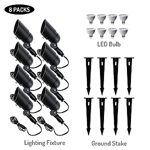 4W LED Landscape Lights Low Voltage Landscape Lighting Spotlights GL103-BKLED8 AC/DC 12V Warm White Waterproof for Driveway,Yard, Lawn,Patio,Walls,Trees,Flags,Outdoor Light (Black, 8 Pack)