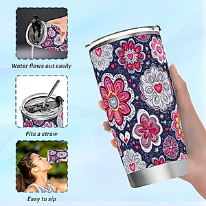 sanluoli Grayish-pink Colored Flowers Stainless Steel drinking cups with Straw Leak Resistant Flip coffee travel mug 20oz for outdoor simply insulated tumbler 20 OZ