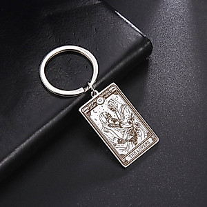 TEAMER Skeleton Tarot Cards Keychains Stainless Steel Amulet Marigold Tarot Card Major Arcana Keyring for Keys Cars Bags (Steel Color-THE LOVERS)