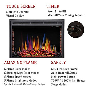 R.W.FLAME 39" Electric Fireplace Insert,Freestanding & Recessed Electric Stove Heater,Touch Screen,Remote Control,750W-1500W with Timer & Colorful Flame Option