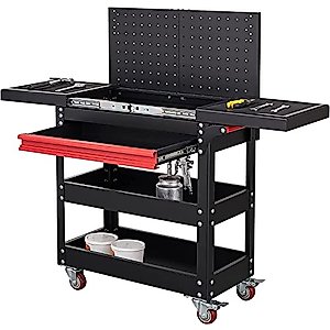 WIILAYOK Tool Cart, 3 Tier Rolling Tool Cart on Wheels with Storage Drawers & Sliding Top, Removable Pegboard, Industrial Service Utility Tool Cart for Mechanics, Garage, Workshop