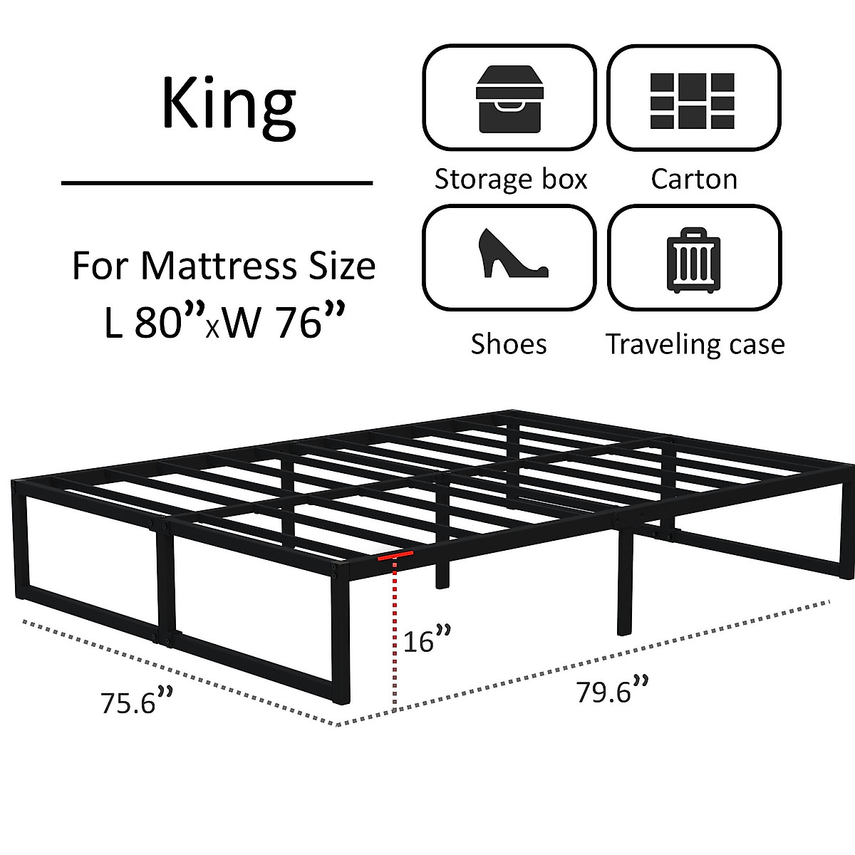 Lutown-Teen 16 Inch King Size Bed Frame Sturdy Mattress Foundation, Heavy Duty Metal Platform with Steel Slats Support No Box Spring Needed, Noise Free, Easy Assembly, Black