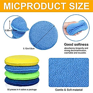 Tallew 50 Pcs Car Wax Microfiber Applicator Pads with Finger Pocket Auto Wash Soft Foam Sponge with Finger Pocket for Cars Buffing Detailing Cleaning (5.12'' Diameter, Yellow Green Blue Dark Blue)