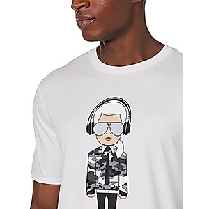 Karl Lagerfeld Paris Reflective T, Karl Character with Headphones Short Sleeve Crew Neck Men’s Shirt, White, M