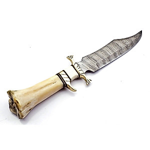 HandSmith™ 15" Handmade Damascus Steel Hunting Knife, Hand Forged Damascus Steel Fixed Blade Bowie Knife, Genuine Leather Sheath, Camel Bone Handle Firm Grip (White)