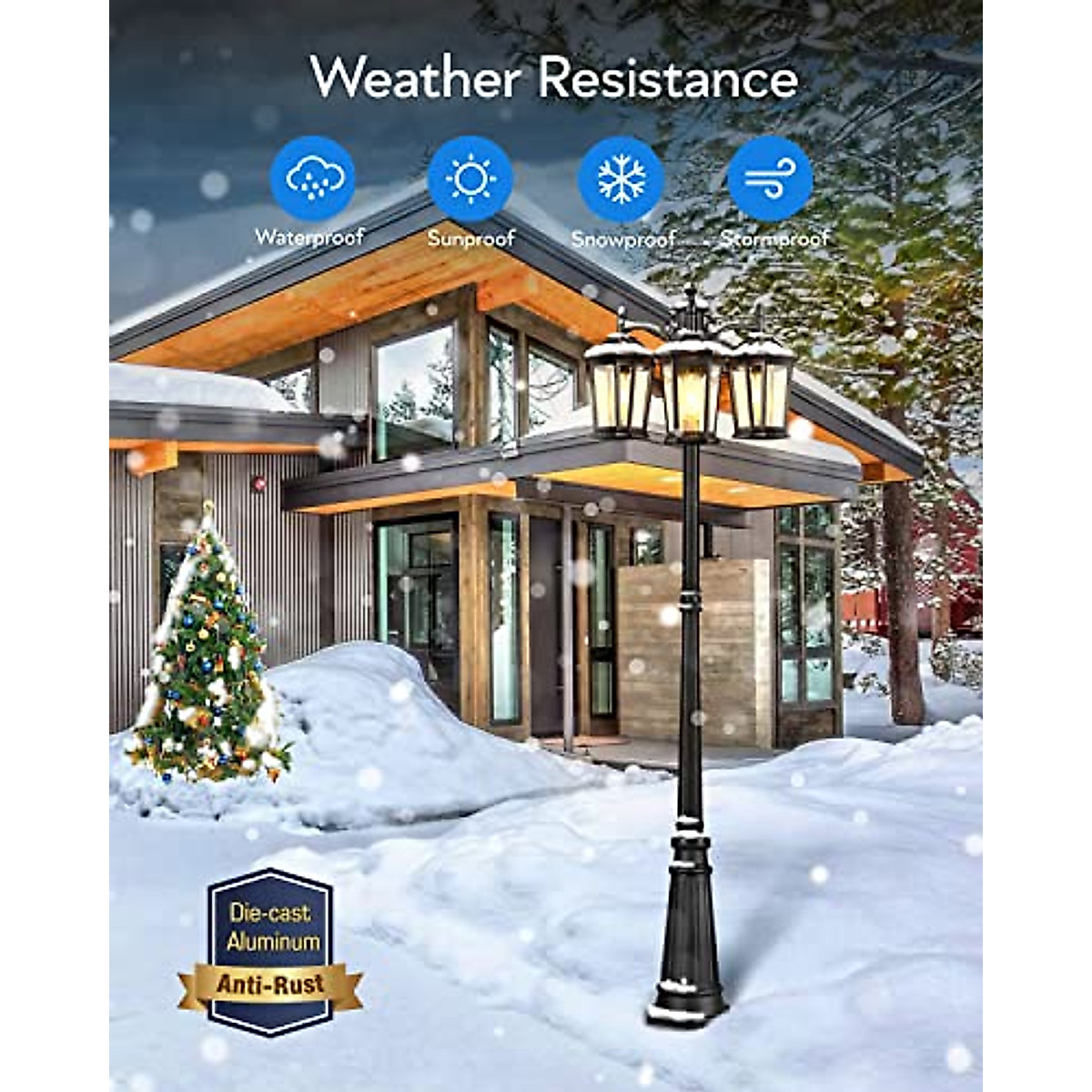 VIANIS Outdoor Lamp Post Lights with Dusk to Dawn Sensor, Triple Head Street Pole Light Fixtures Waterproof, Outside Electric Lantern Backyard Lighting, Christmas Lamp Post for Garden Patio Driveway