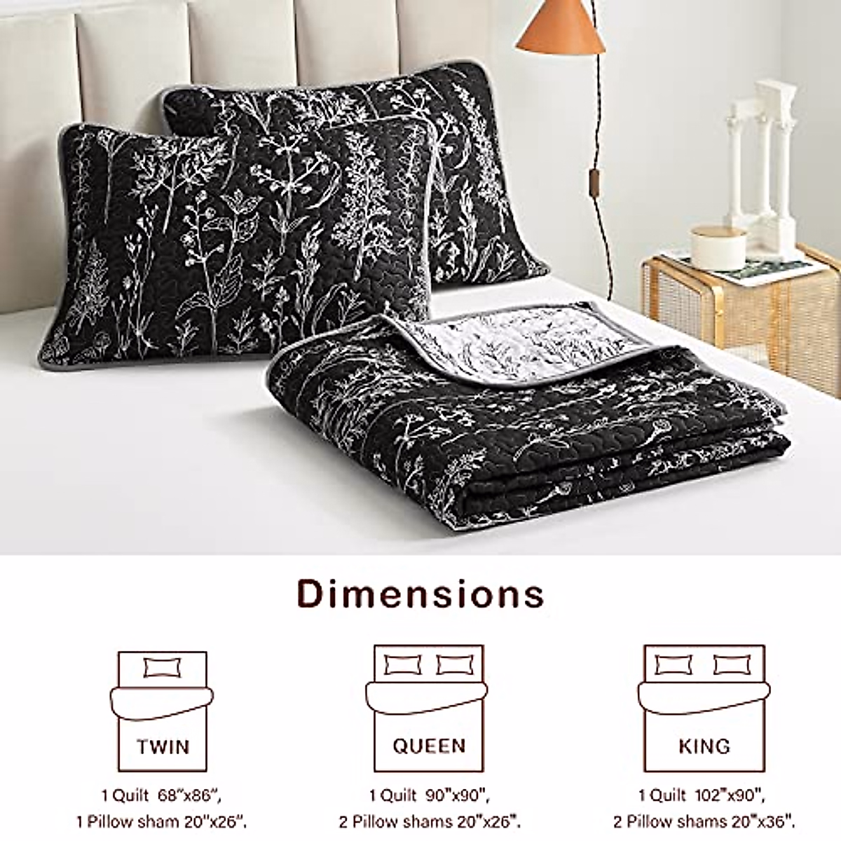 Joyreap 3 Pieces Quilt Set Full/Queen, Black n White Reversible Botanical Design, Smooth Soft Microfiber Quilt, Bedspread Bed Cover for All Season, 1 Quilt and 2 Pillow Shams- 90x90 inches