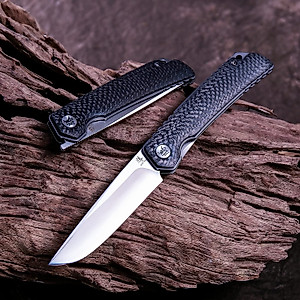 KATSU Folding Pocket Japanese Knife, Carbon Fiber Handle, EDC Knife w/154CM Steel Blade, Leather Sheath