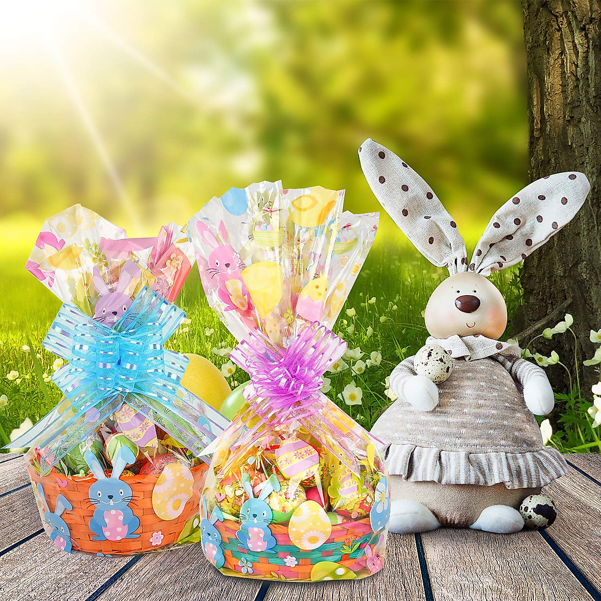 Kolewo4ever 10 pack Easter Basket Bags Happy Easter Jumbo Cello Basket Bags 32 by 22 Inches Easter Bunny Wrap bags Cellophane Wrapping Party Decorations with 10 pieces pull bow