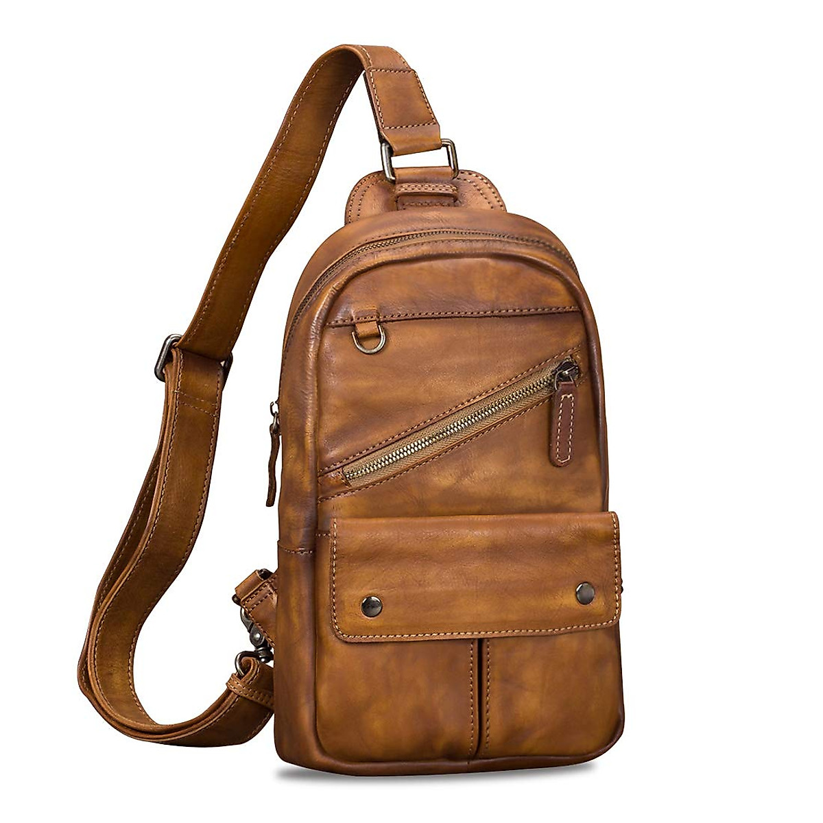 Genuine Leather Sling Bag for Men Vintage Handmade Crossbody Daypack Retro Hiking Backpack Chest Bag Casual Shoulder Bag Sling Purse (Brown)