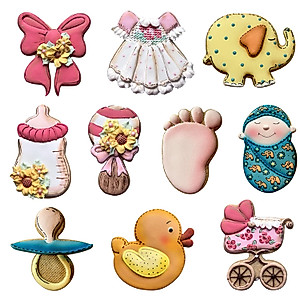LILIAO Baby Shower Cookie Cutter Set - 10 Pcs - Footprint Dress Carriage Pacifier Ribbon Duck Rattle Elephant Bottle Baby Biscuit Cutters - Stainless Steel