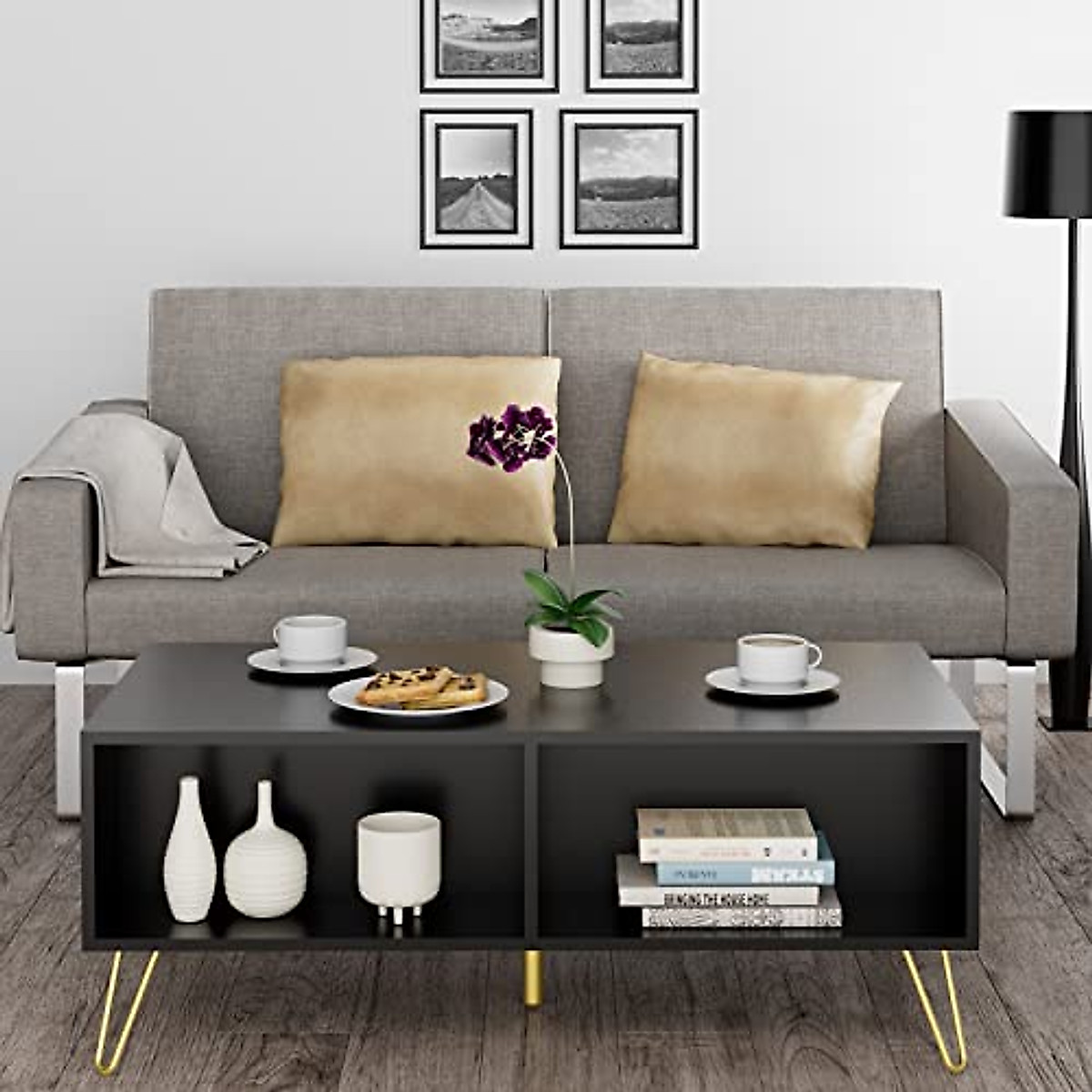 Scurrty 39.4'' Coffee Table with Large Drawers & 2 Open Storage Shelves, Black Modern Coffee Tables with Gold Metal Handles for Living Room, Bedroom and Study (Black)