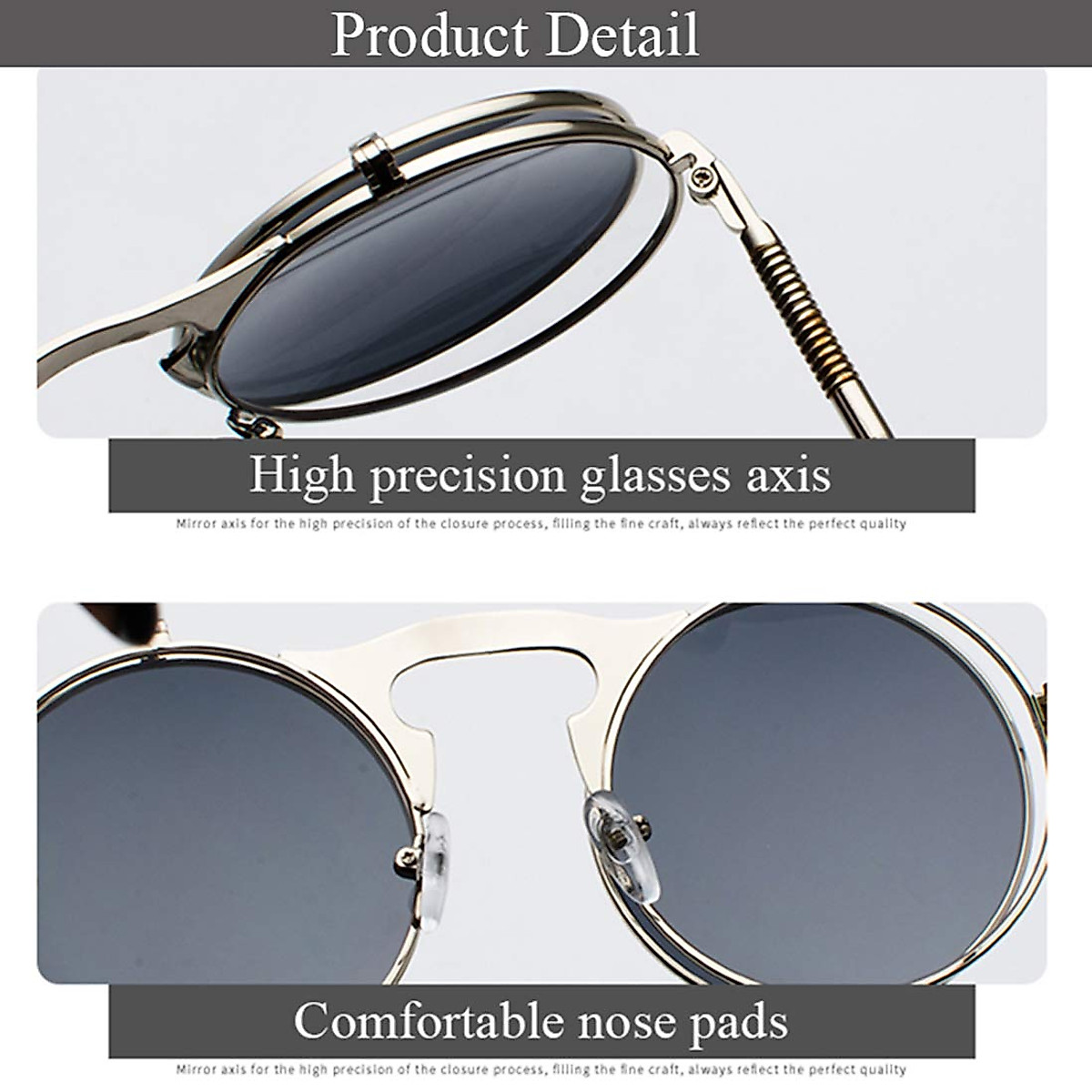 luojery Retro Round 80's Flip Up Steampunk Sunglasses Mirror Vintage Circle Sun Glasses Eyewear for Men Women (Gold Frame Grey Lens, as the picture)