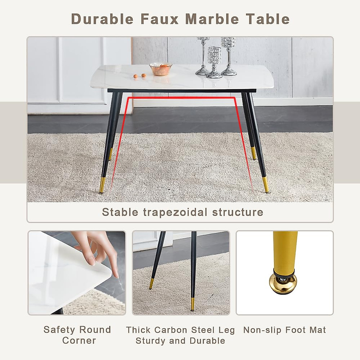 WEKEOT 50" White Modern Sintered Stone Dining Table Set for 4 Faux Marble Dining Table with 4 Upholstered PU Leather Chair Dining Room Table Set(1White Table+4White and Gray Chairs)