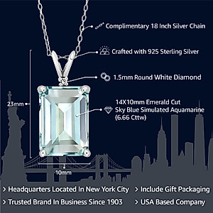 Gem Stone King 925 Sterling Silver Gemstone Birthstone and White Diamond Necklace | Emerald Cut 14X10MM Pendant Necklace for Women | With 18 Inch Silver Chain