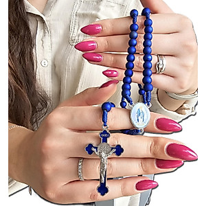 TALISMAN4U Deep Blue Rosary Beads Catholic Prayer Necklace with Saint Benedict Crucifix Our Lady of Grace Medal Religious Gift Rosary Pouch