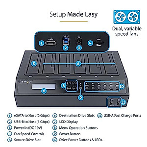 StarTech.com 6-Bay Hard Drive Duplicator/Eraser, Standalone 1:5 HDD/SSD Cloner/Copier, USB 3.0/eSATA to SATA Docking Station, Disk Sanitizer/Wiper, DOD Erasing, Cloning Toolless Device (SATDOCK5U3ER)