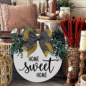 MayAvenue Home Sweet Home Wreaths Decor Sign Front Door, Round Wood Hanging Sign with Ribbon Bow and Artificial Green Leaves, Farmhouse Porch Decorations for Home Thanksgiving, White