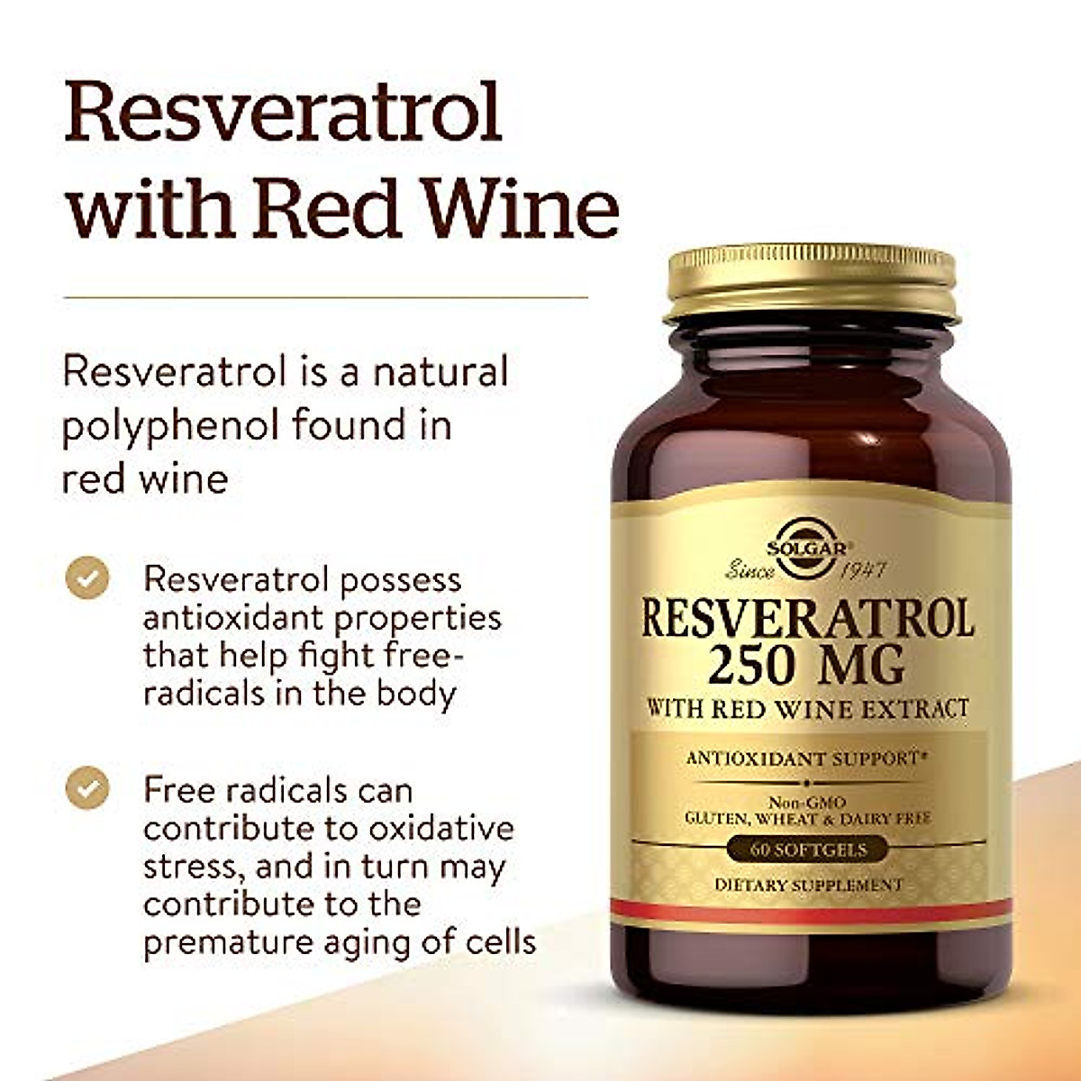Solgar Resveratrol with Red Wine Extract, 250 mg, 60 Softgels - Antioxidant Protection - Immune Support - Red Wine Polyphenol - Non-GMO, Gluten Free, Dairy Free - 60 Servings