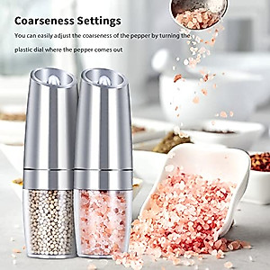 EasyCom Gravity Salt and Pepper Mill Set, Battery Powered with LED Light, Adjustable Coarseness, One Hand Automatic Pepper Mill for Kitchen and BBQ, 2 Pack, Silver