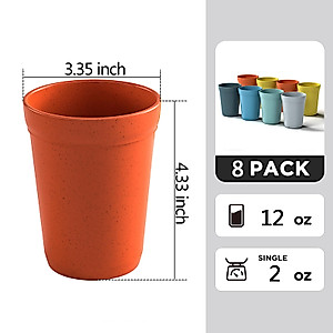Unbreakable 12 Ounce Wheat Straw Cups, 8 Pieces Stackable Water Drinking Cup, Light Weight Water Tumblers for Soda, Tea, Beer, Iced Coffee, BPA Free Dishwasher Microwave Safe Smoothies Cups