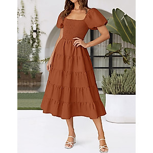 ZESICA Women's 2025 Summer Square Neck Short Puff Sleeve Solid Color High Waist Casual Smocked Flowy A Line Tiered Midi Dress,Rust,Small