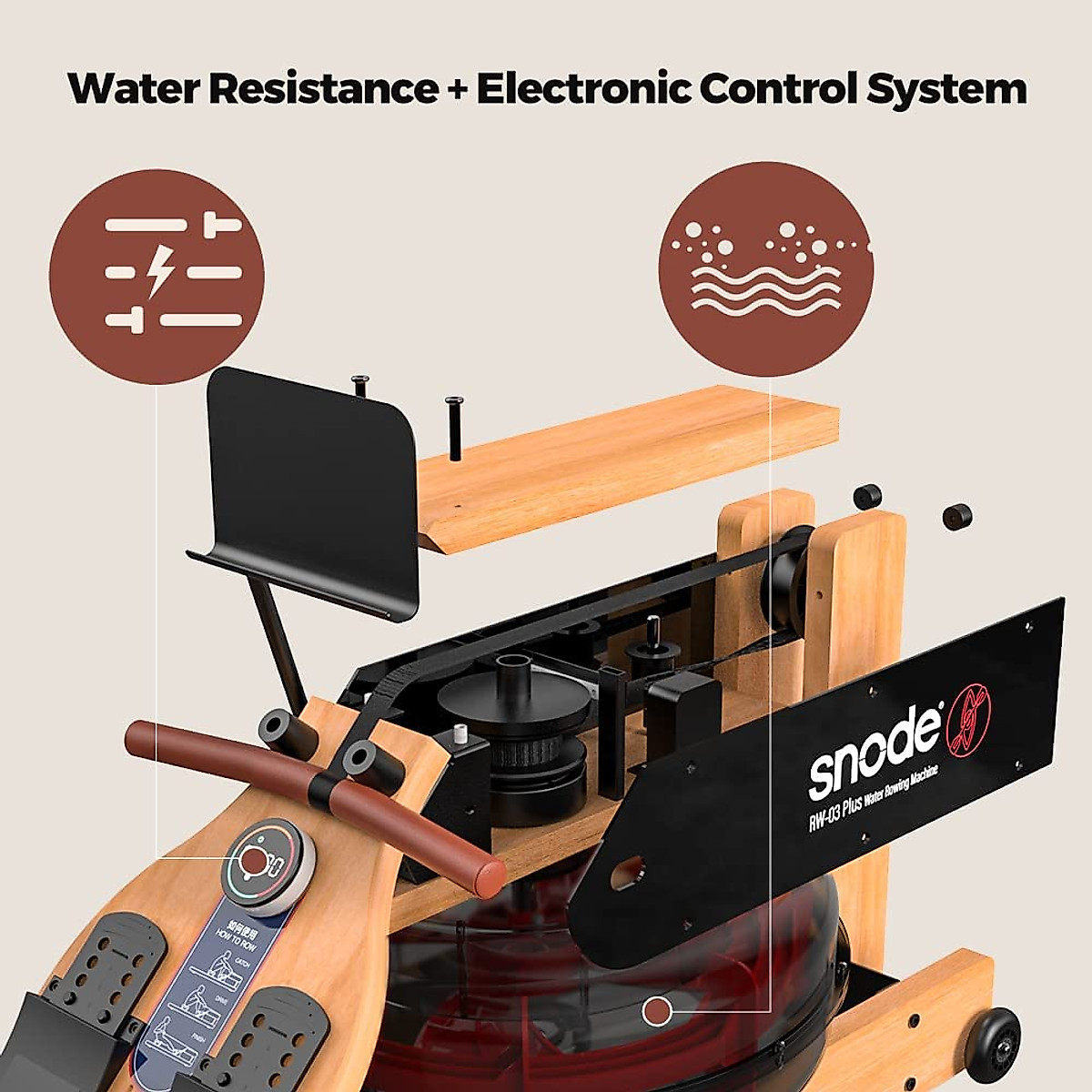SNODE Wood Water Rowing Machine for Home Use, Foldable Rower Machine, Imported Beech Wood, Rower Machine with Bluetooth and LCD Monitor, Soft Seat