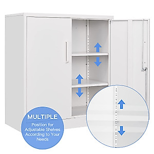 Yizosh Metal Garage Storage Cabinet with 2 Doors and 2 Adjustable Shelves - 35.5" Steel Lockable File Cabinet,Locking Counter Cabinet for Home Office,Garage,Gym,School (White)