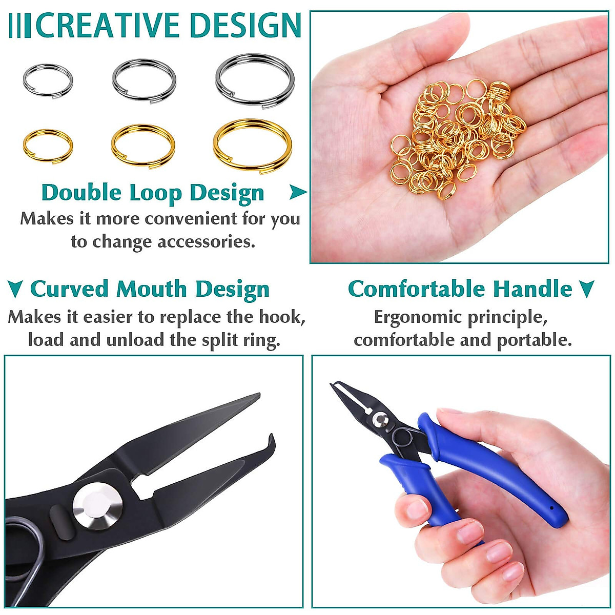 Split Rings for Jewelry Making, Caffox 700pcs Small Split Ring with Split Ring Pliers, Double Closed Jump Rings Craft Jump Loops Opener for Necklaces and Bracelets