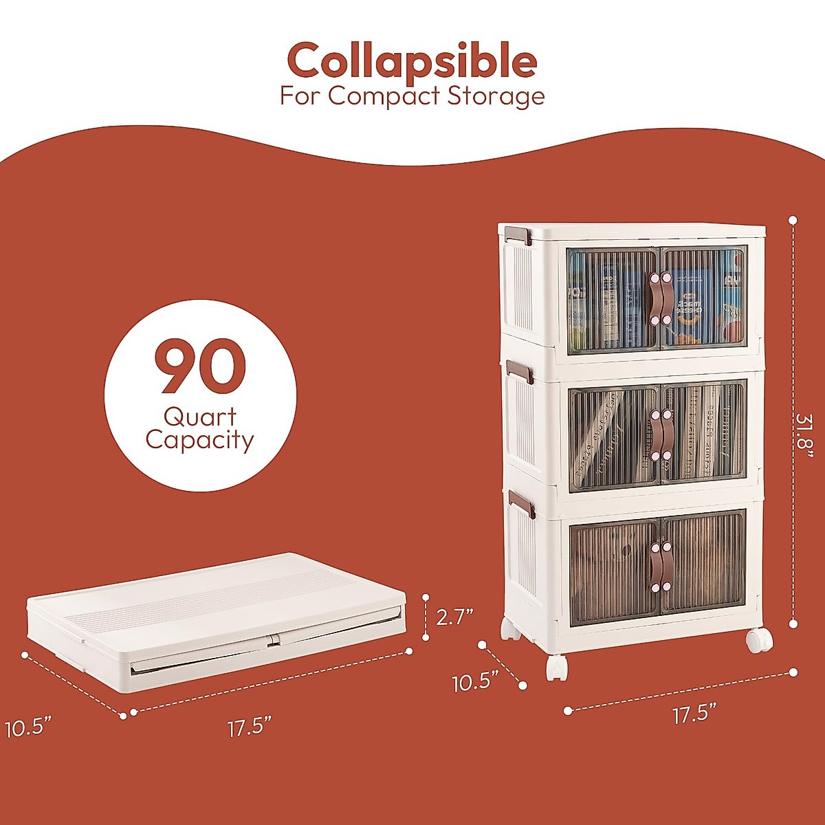 PROKTIK 30 QT 3 Tier Folding Storage Bins with Doors – Magnetic Door Foldable Storage Cabinet - Folding Storage Box with Leather Handles - Stackable and Collapsible Storage Container for Books, Pantry