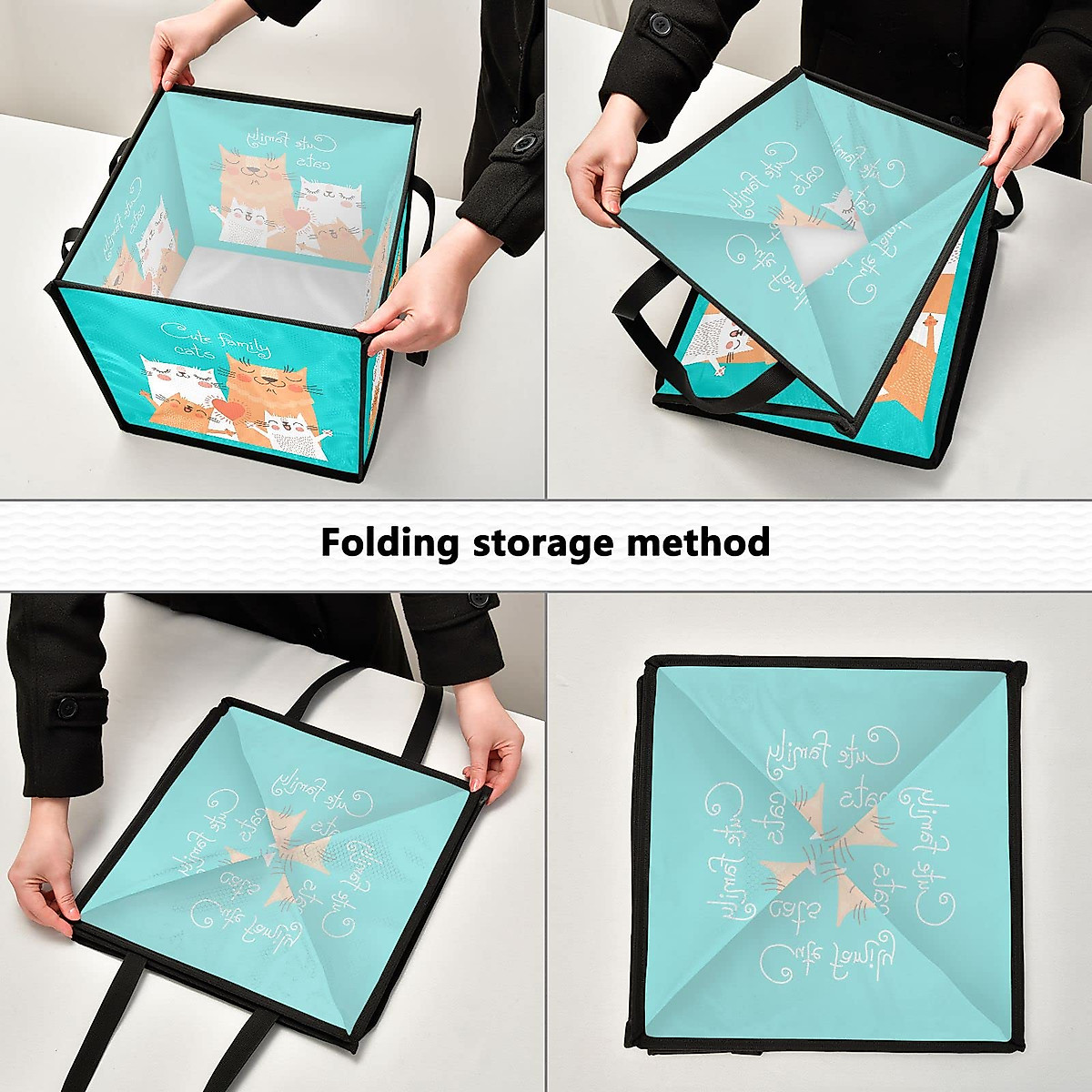 Poeticcity Cute Cats Family Parents and Children in Orange White on Turquoise Square Storage Basket Bin, Collapsible Storage Box, Baskets Organizer for Toy, Clothes Easy to Assemble 10.6x10.6x10.6 in