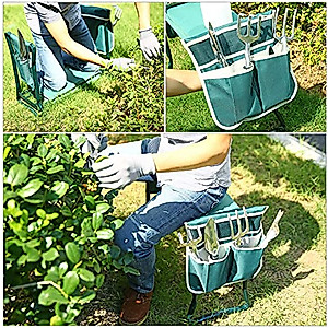 Ohuhu Garden Kneeler and Seat with EVA Foam Kneeling Pad, Foldable Garden Stool Bonus 2 Tool Pouches, 2-in-1 Heavy Duty Portable Gardening Beach, Idea for Women Men Elders Gardener
