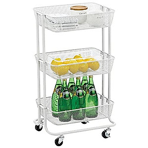 mDesign Metal 3-Tier Portable Rolling Household Storage Cart for Bathroom, Kitchen, Craft Room, Laundry Room, and Kid's Playroom - 4 Rotating Wheels - White