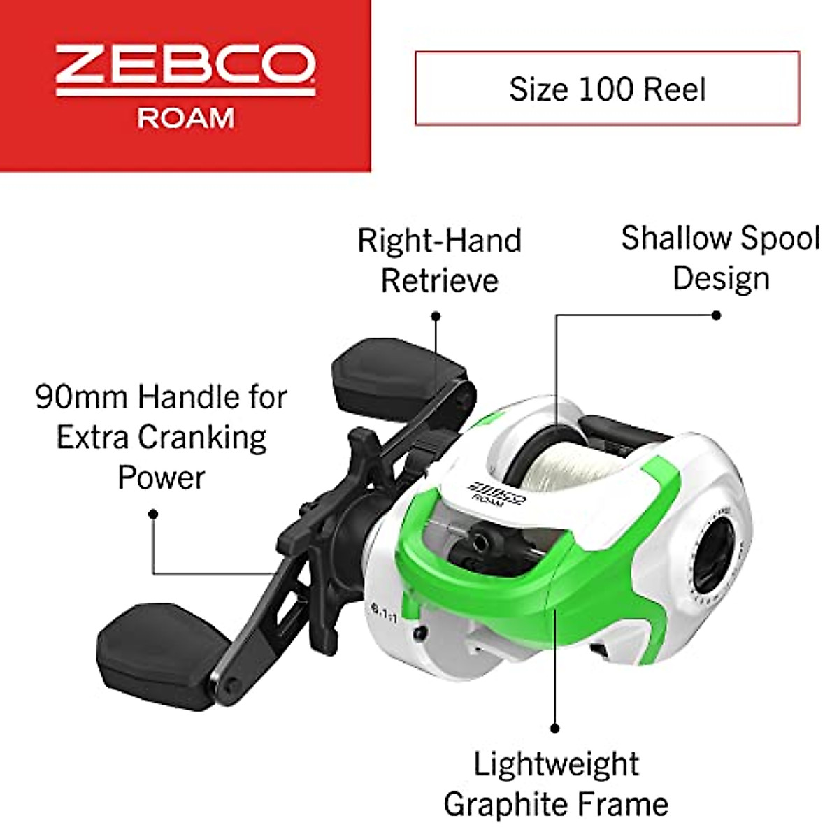 Zebco Roam Baitcast Reel and Fishing Rod Combo, 6-Foot 6-Inch 2-Piece Fiberglass Fishing Pole with Split-Grip MaxTac Rod Handle, Lightweight Graphite Frame, Right-Hand Retrieve, Green