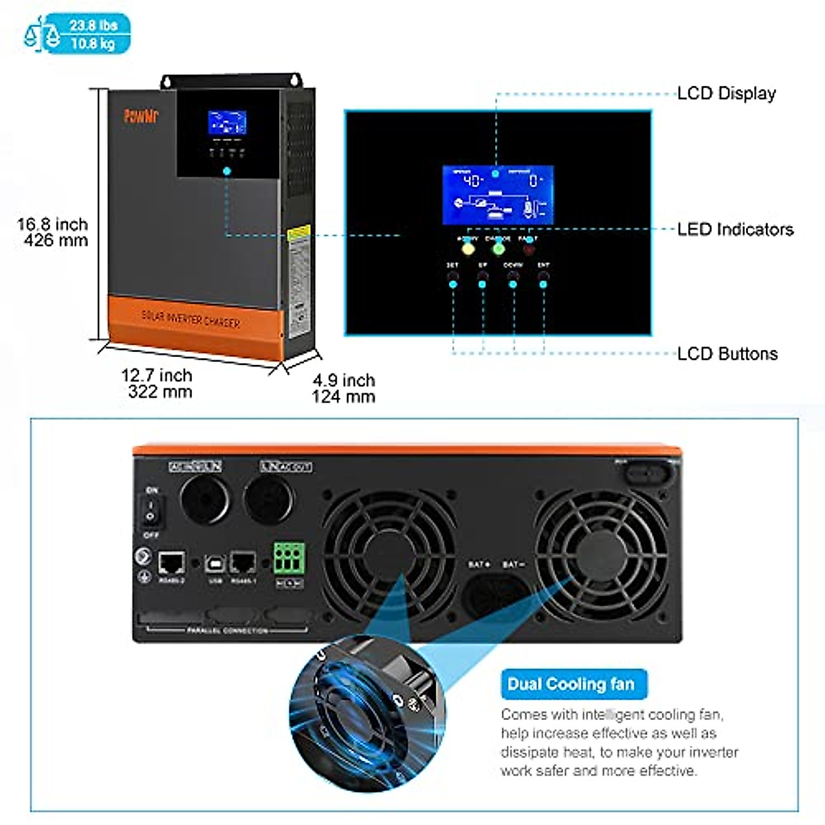 3500W Solar Inverter, 48V DC to 110V 120V AC, Off-Grid Inverter, Pure Sine Wave, Built-in 80A MPPT Charge Controller, for 48V Lead Acid or Lithium Battery