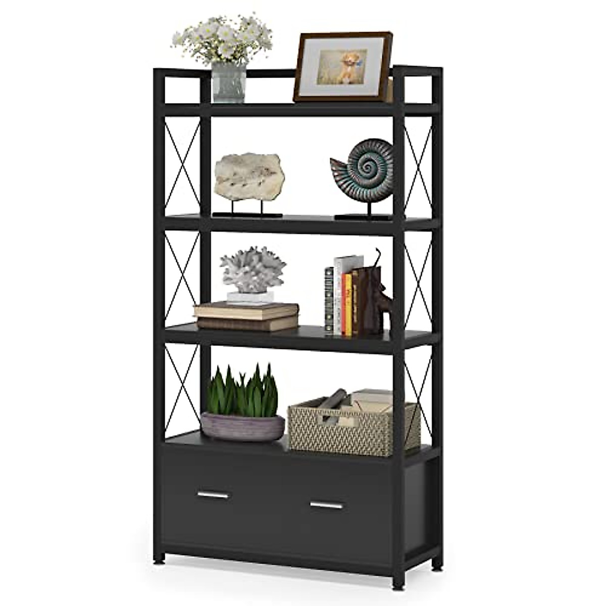 LITTLE TREE Freestanding Lateral File Cabinet with Drawer, Filiing Cabients with Shelves, Black