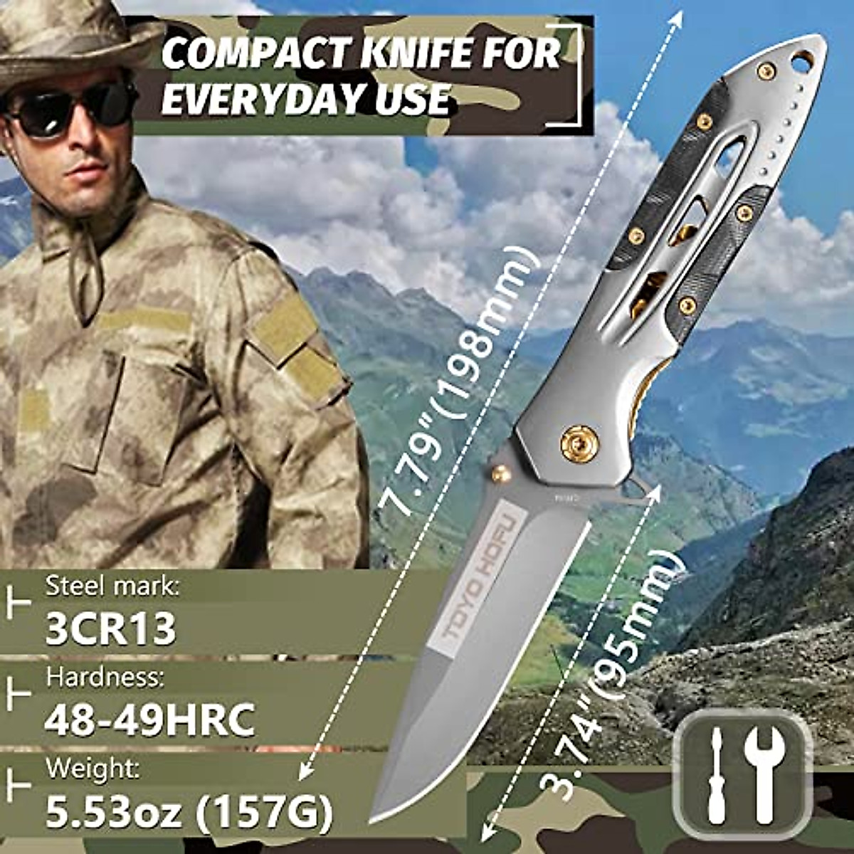 TOYO HOFU Pocket Knife with Clip,Folding Utility knife,Sharp Survival Knife for Self Defense,Spring Assisted Tactical Knife, Gift for Father, Men,Women(Silver)