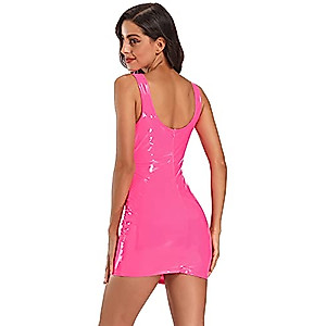 HDE Womens Latex Mini Dress Faux Leather Bodycon Sexy Club Dresses for Women (Small, Pink)
