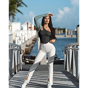 OQQ Women's 3 Piece Sexy Ribbed Sleeveless One Shoulder Tank Top Exercise BodySuit, Black Coffee Beige, Large