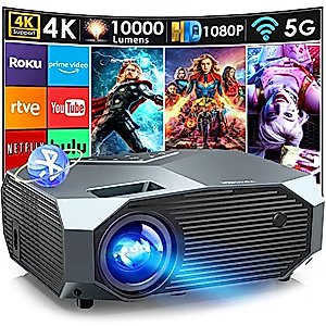 Projector with 5G WiFi & Bluetooth, YOWHICK 10000L Full HD 1080P Outdoor Portable Video Projector Support 4K, Home Theater Movie Projector Compatible with HDMI, VGA, USB, Laptop, iOS & Android Phone