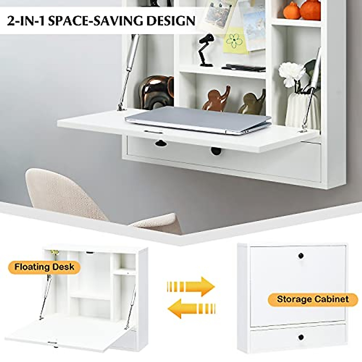 COSTWAY Wall-Mounted Computer Desk, Floating Desk with Storage Drawer & Shelves, Fold-up Desktop & Pneumatic Springs, Ideal for Home, Office, Dormitory, Small Spaces (White)
