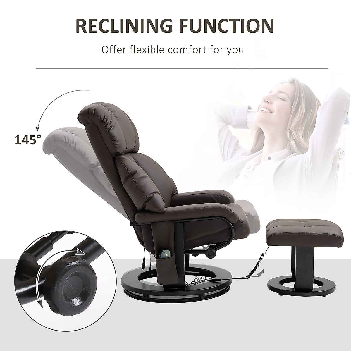 HOMCOM Massage Recliner Chair with Ottoman, 360° Swivel Recliner and Footstool, PU Leather Reclining Chair with Side Pocket and Remote Control, Brown