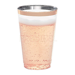 Prestee Rose Gold Rim Plastic Cups, 14 oz. 50 Pack, Hard Clear Plastic Cups, Disposable Party Cups, Fancy Wedding Tumblers, Elegant Decoration Cups, Plastic Tumblers Bulk