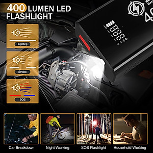 Jump Starter, 4000A Battery Jumper Charger 150PSI Air Compressor, Portable Jump Starter, 12V Lithium Jump Box Battery Power Pack(10.0L Gas/8.0L Diesel), Jumper Cables, QC 3.0, Flashlight, LCD Display